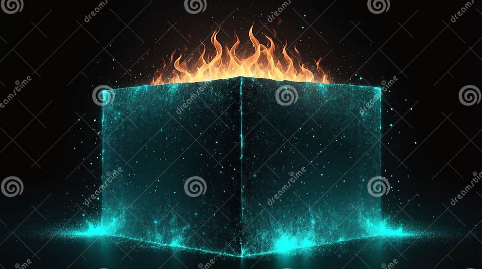 Abstract Square Box of Teal Glowing Light Particles with Fire Flame on ...