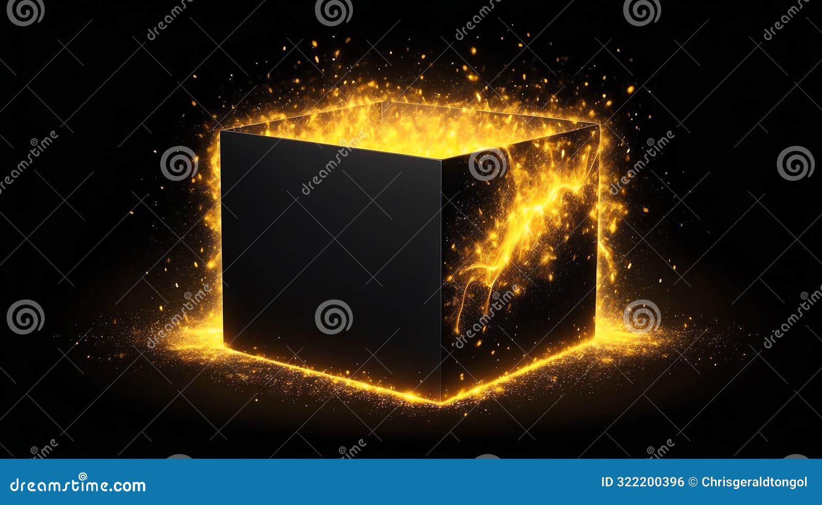 Abstract Square Box of Yellow Glowing Light Particles with Fire Flame ...