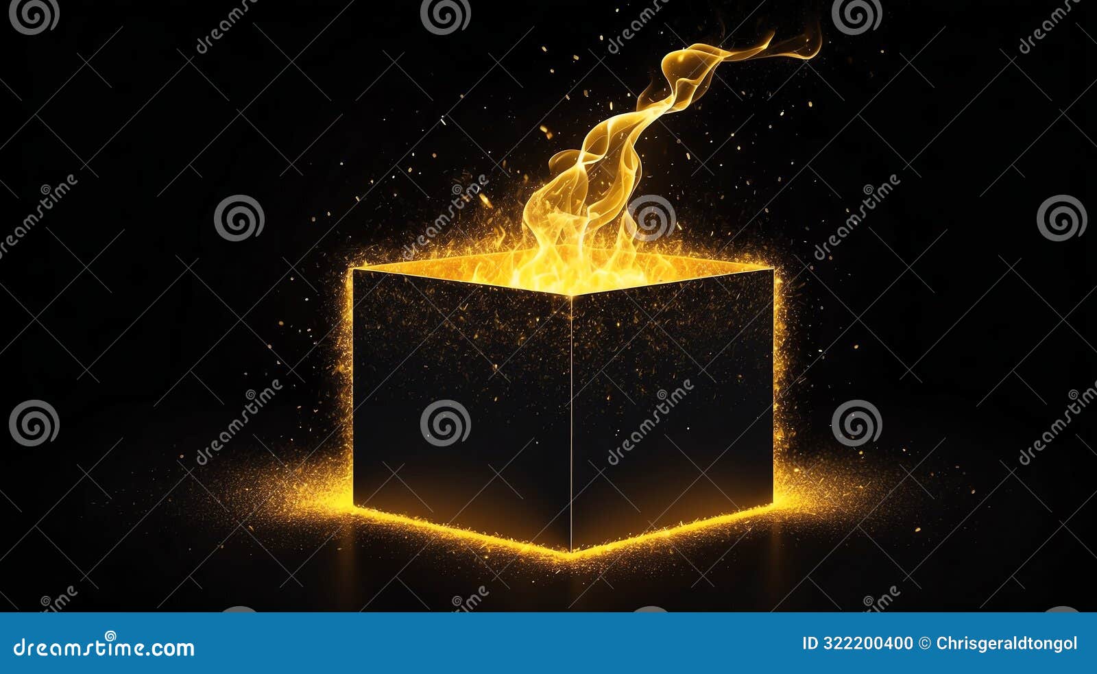 Abstract Square Box of Yellow Glowing Light Particles with Fire Flame ...