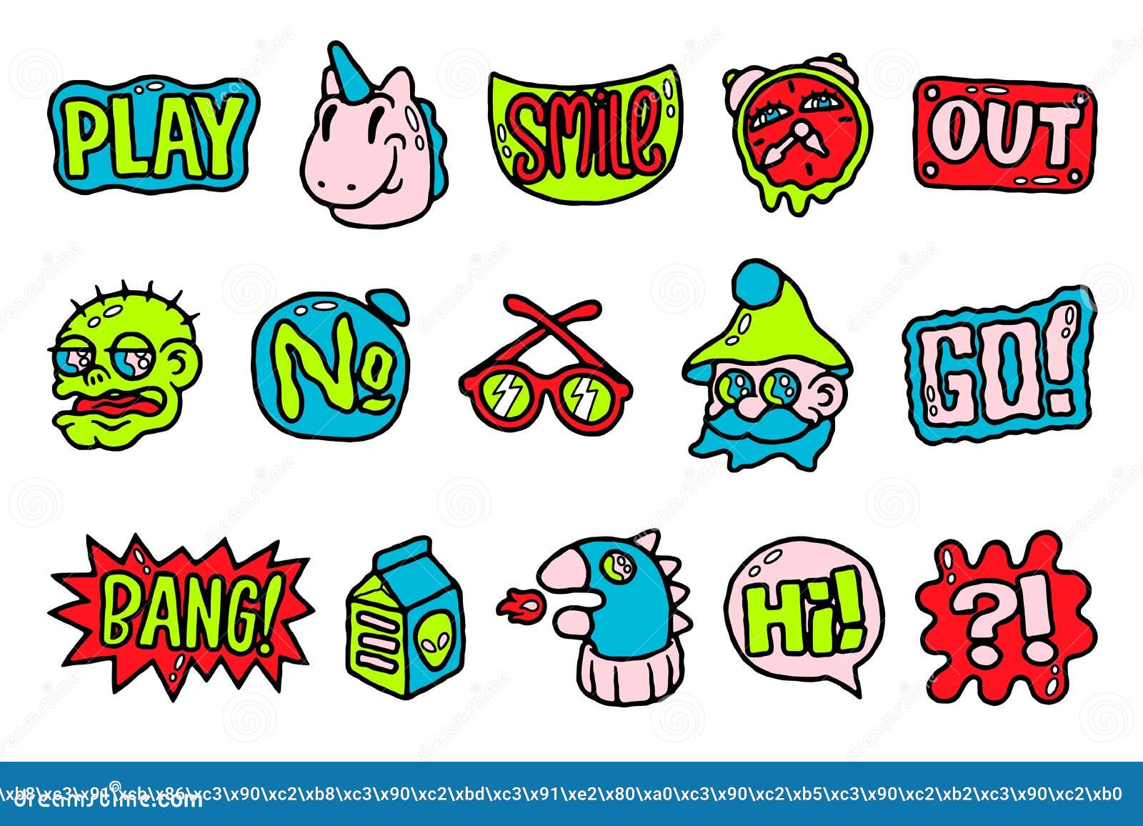 Abstract Sticker. Cartoon Psychedelic Comic Characters with Funny Faces ...