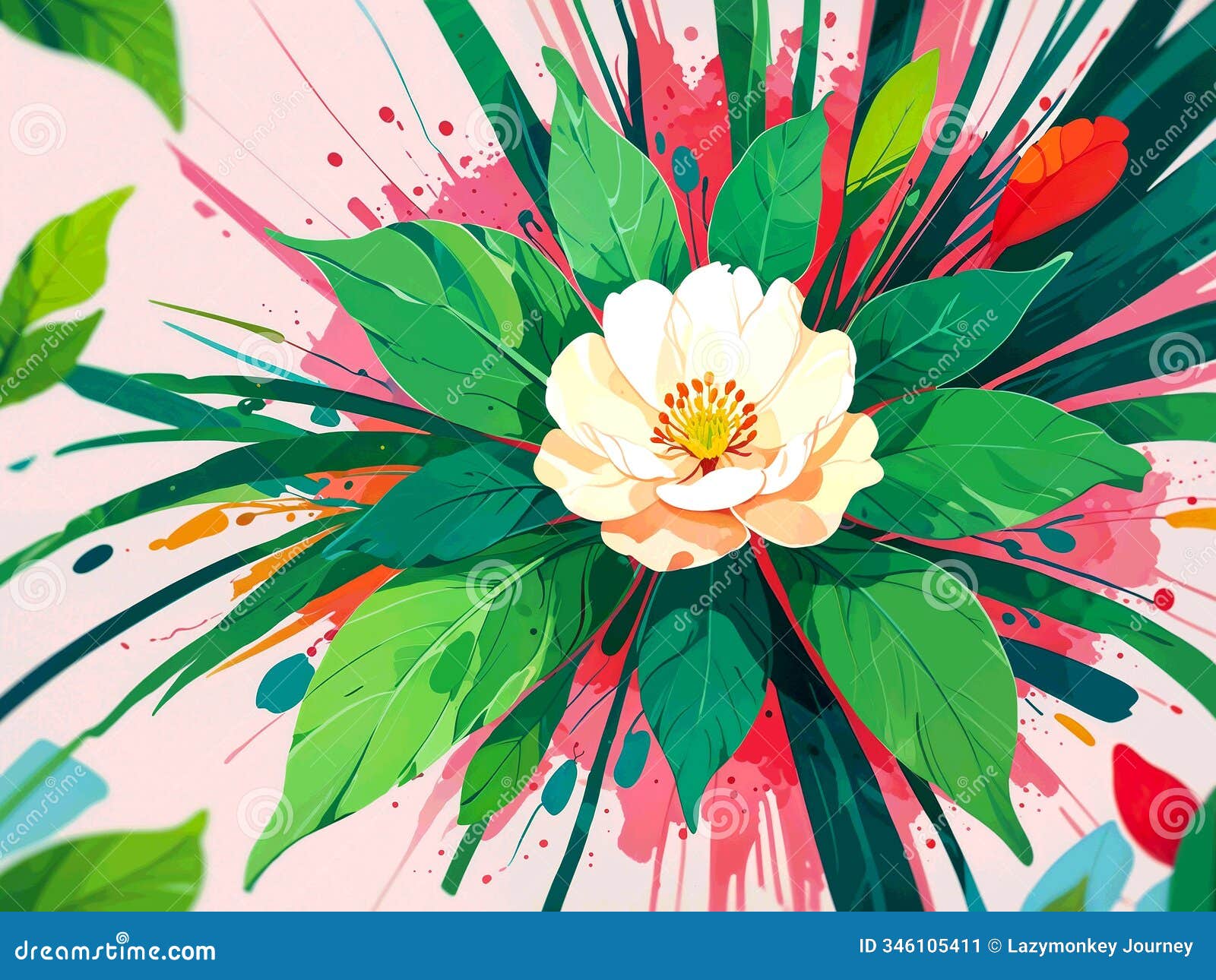 Abstract Stylized Digital Artwork of Flower with Broad Leaves and ...