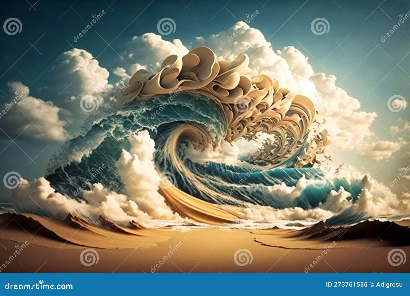 Stylized Ocean Waves and Clouds. AI Generated. Stock Illustration ...
