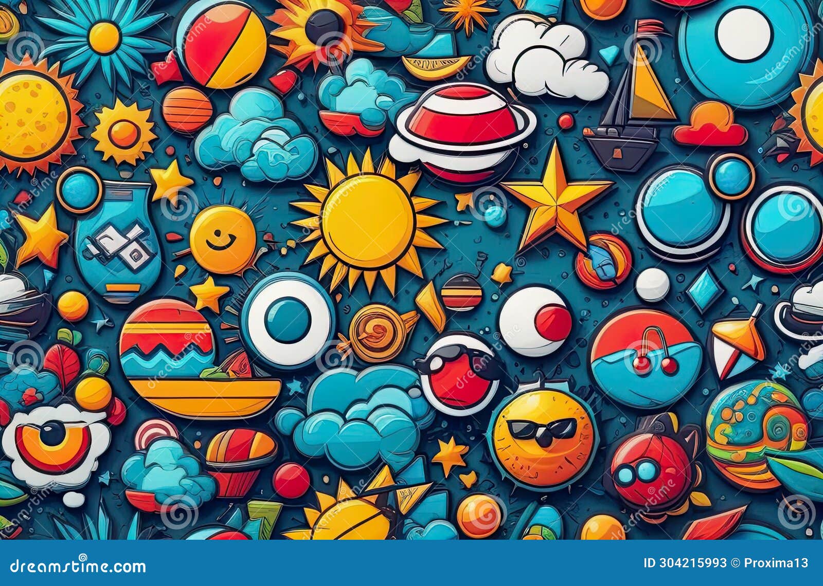 Abstract Summer Funny Characters Elements and Shapes Bright Colors ...