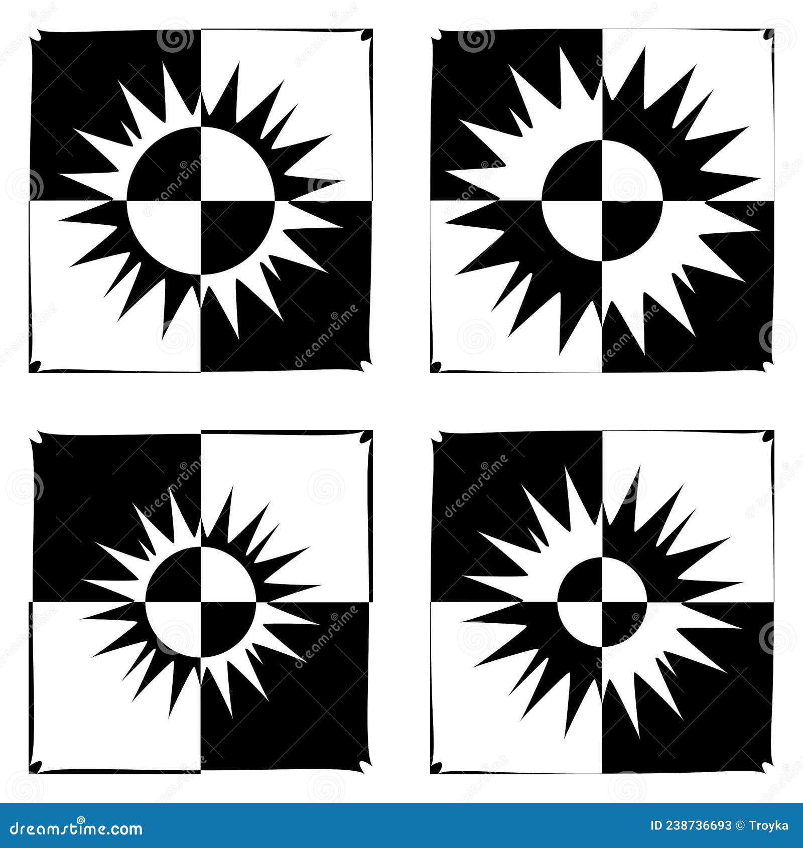Abstract Sun Symbols on Checkered Black and White Pattern Stock Vector ...