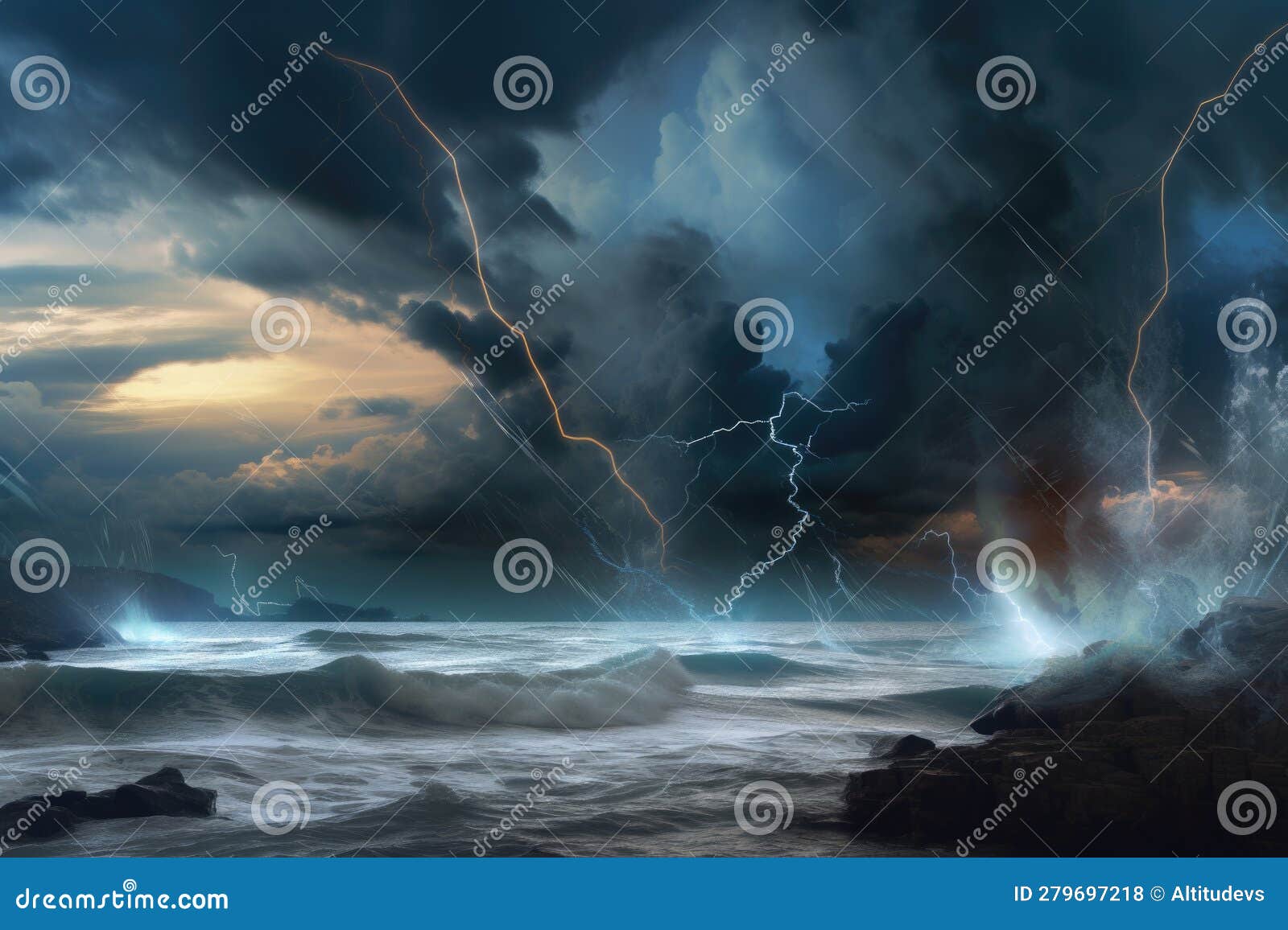 Abstract and Surreal Landscape with Crashing Waves, Storm Clouds, and ...