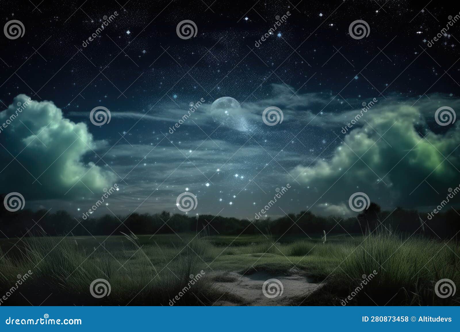 Abstract and Surreal Landscape with a Moonlit Night Sky, Stars, and ...