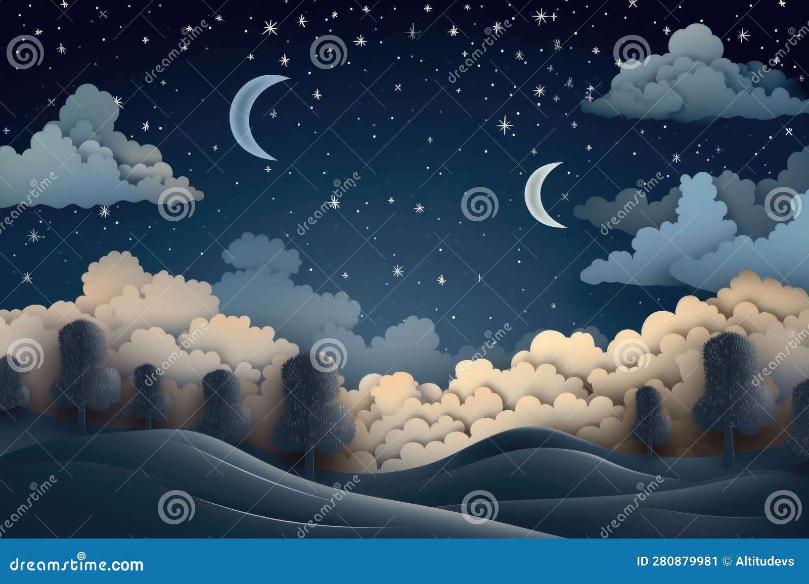 Abstract and Surreal Landscape with a Moonlit Night Sky, Stars, and ...