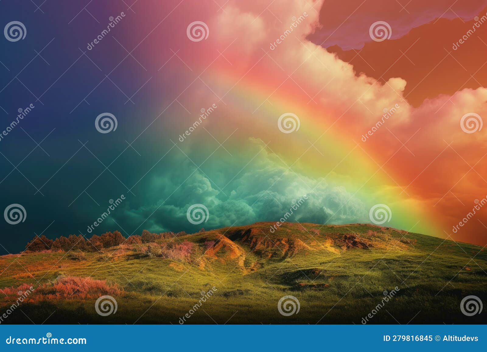 Abstract and Surreal Landscape with Rainbow-colored Sky and Storm ...