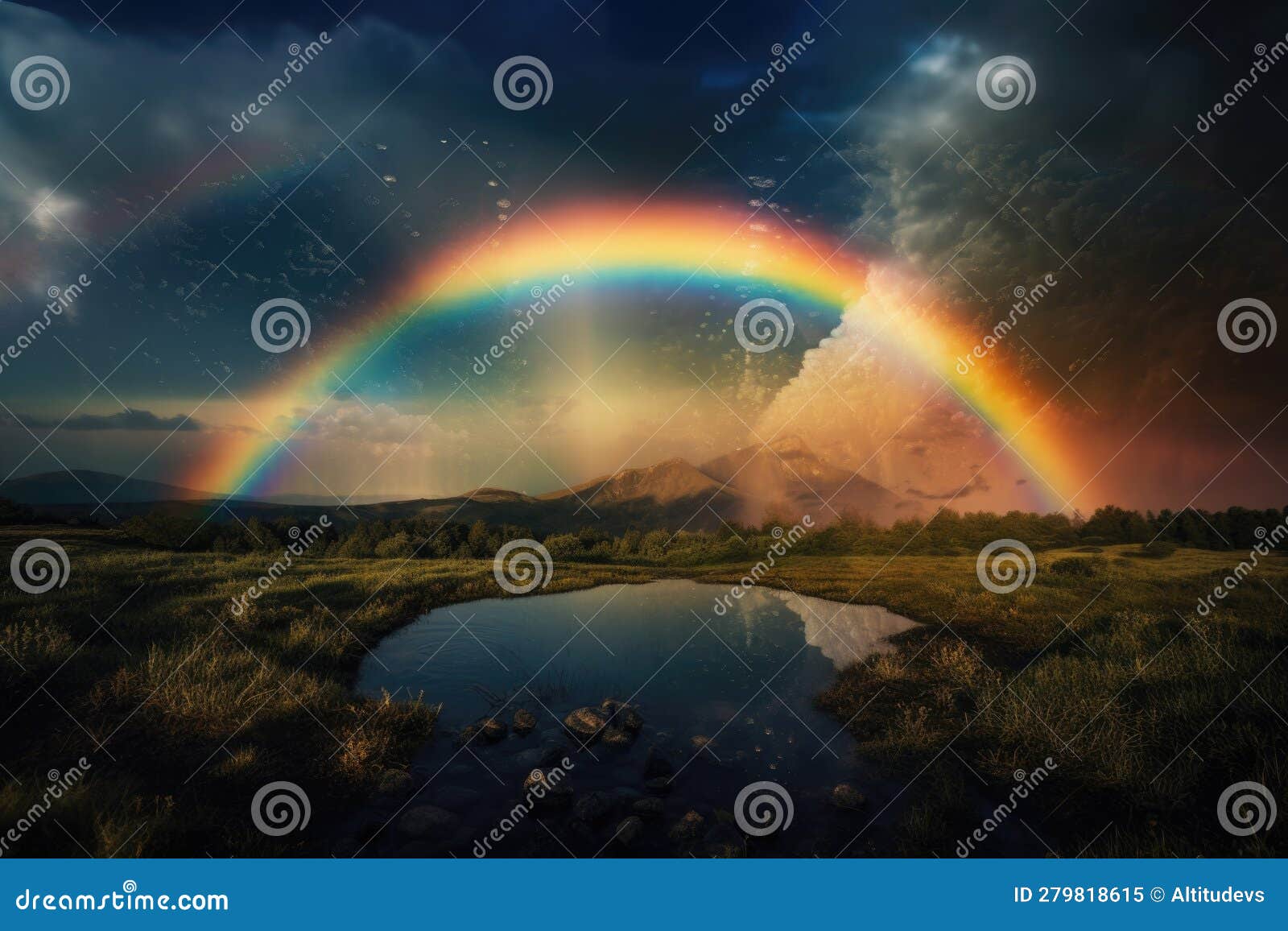 Abstract and Surreal Landscape with Rolling Clouds, Rainbows, and ...
