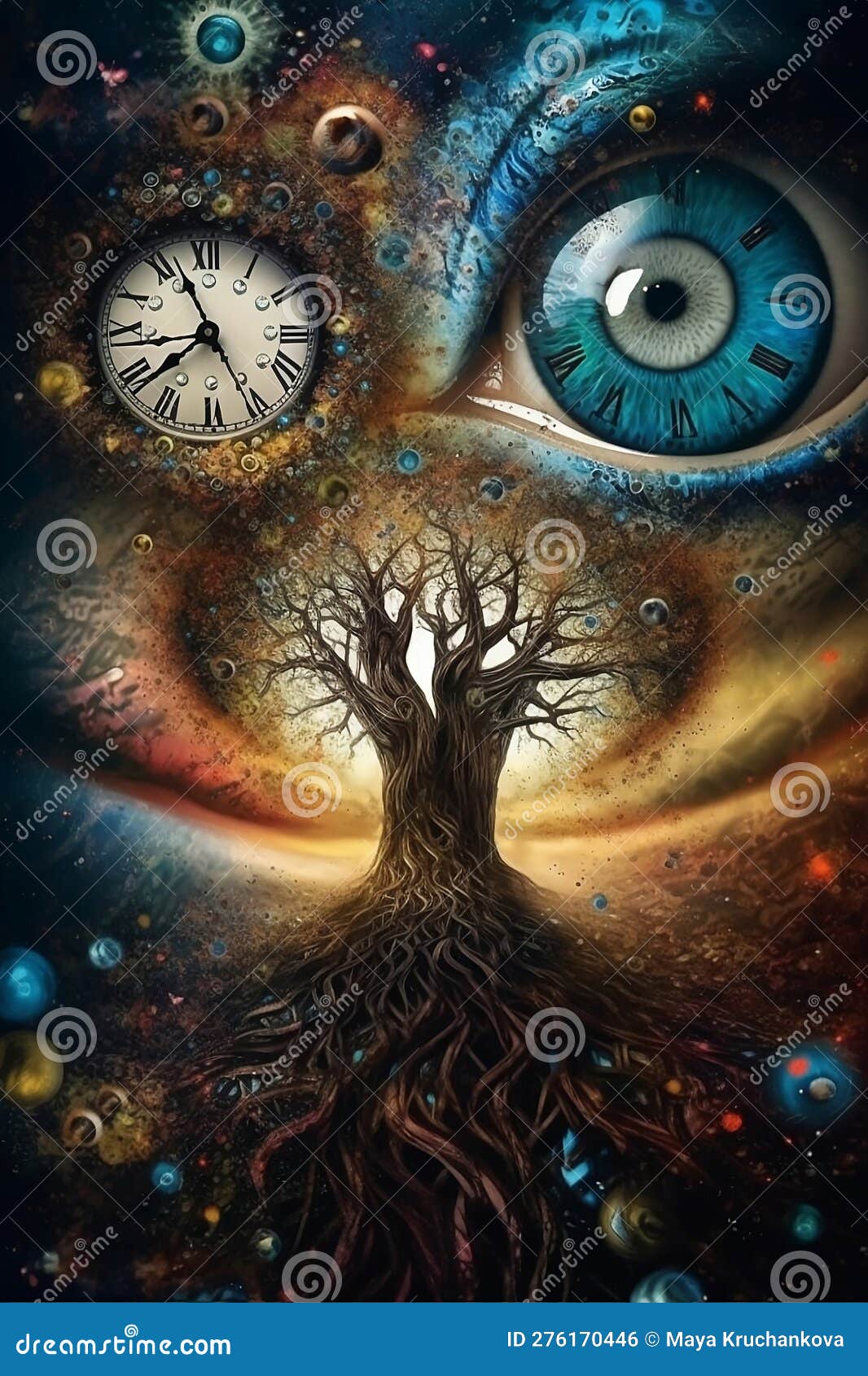 Abstract Surrealistic Clock and Giant Eyes Stock Illustration ...