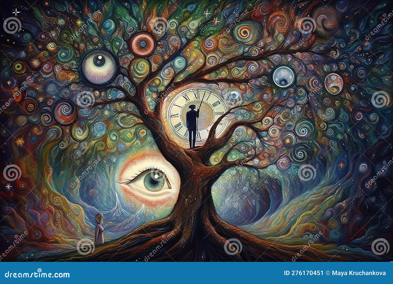 Abstract Surrealistic Clock and Giant Eyes Stock Illustration ...