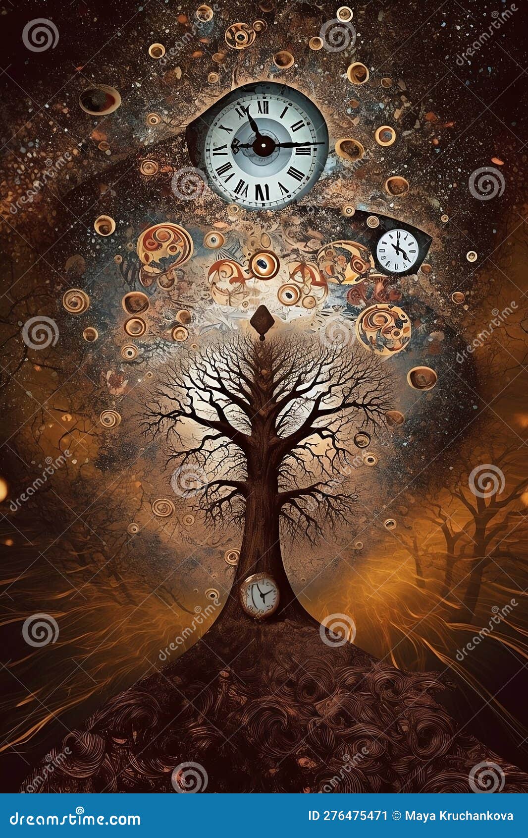 Abstract Surrealistic Clock and Tree Stock Illustration - Illustration ...