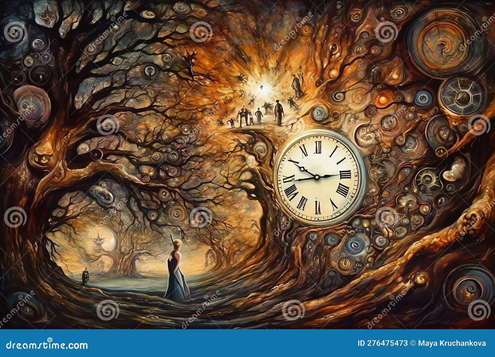 Abstract Surrealistic Clock and Trees Stock Illustration - Illustration ...