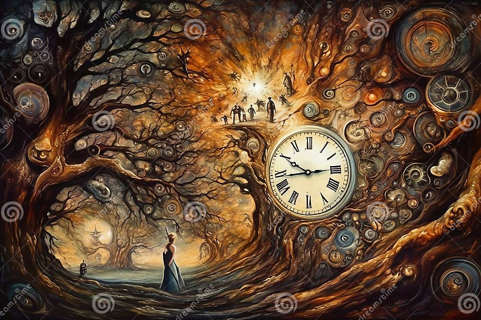 Abstract Surrealistic Clock and Trees Stock Illustration - Illustration ...