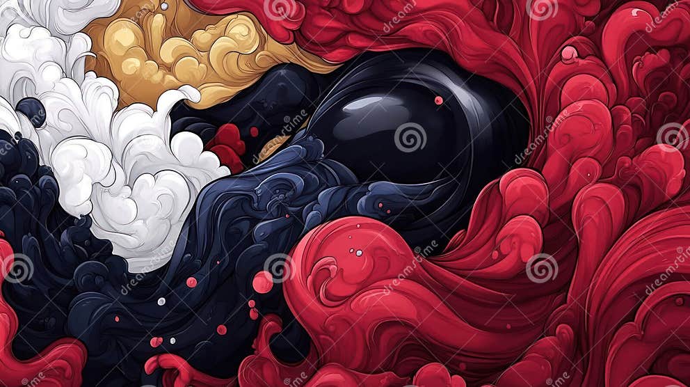 Abstract Swirling Colors in Red, Black, White, and Gold, Creating a ...