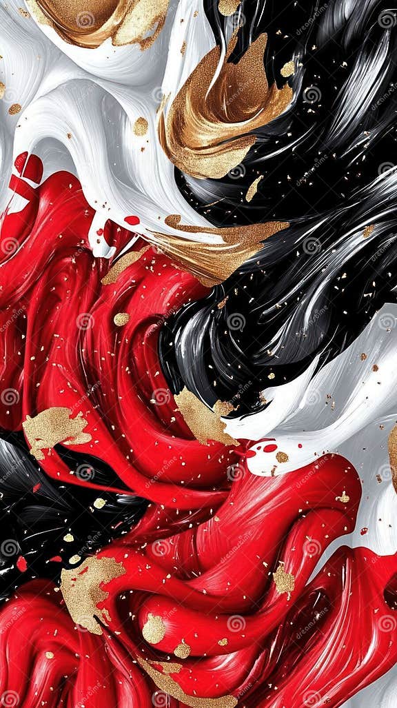Abstract Swirling Patterns in Red, Black, White, and Gold Create a ...