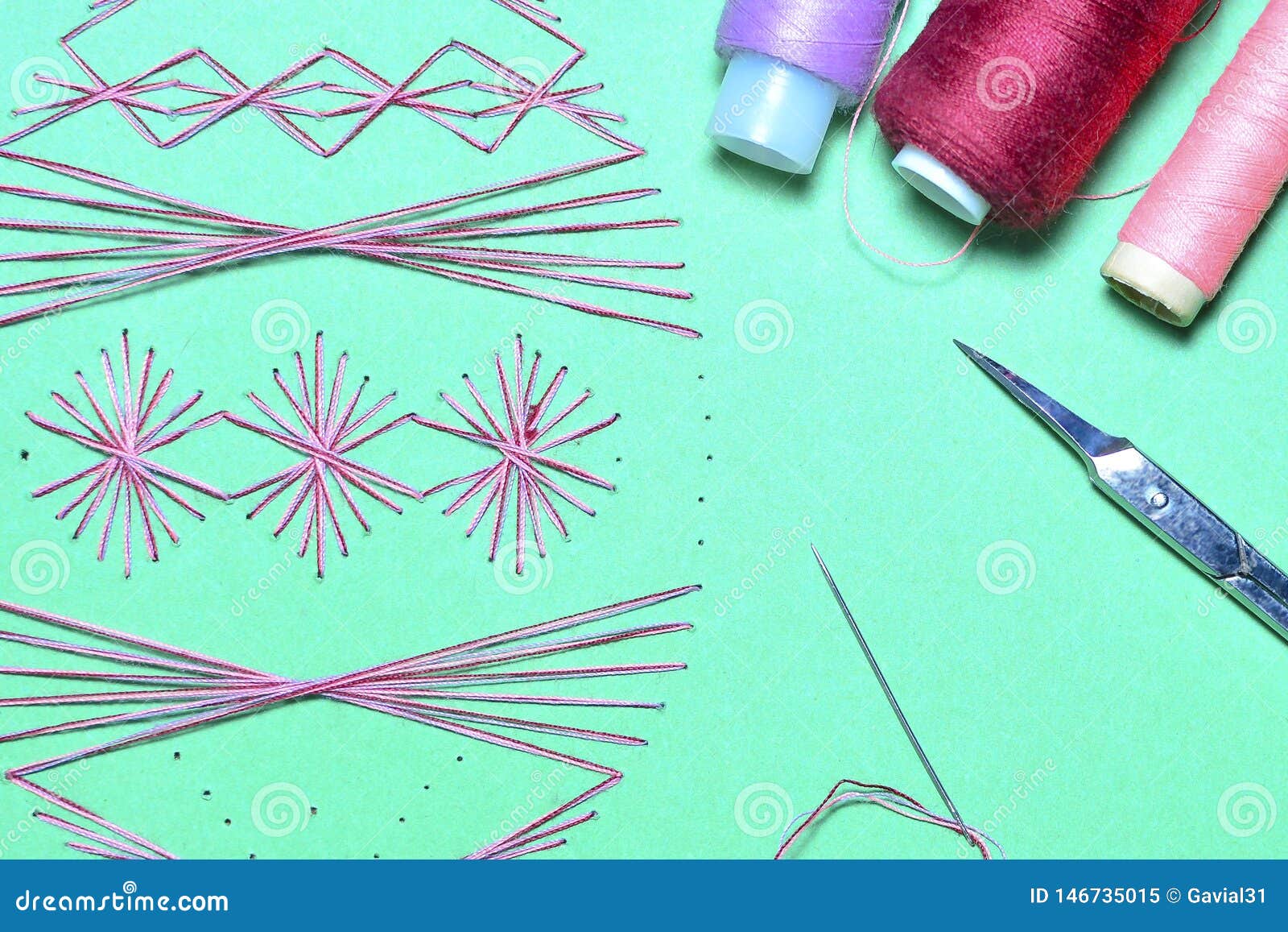 Abstract Symmetrical Patterns Sewn on Paper Using Cotton Thread. Coils ...