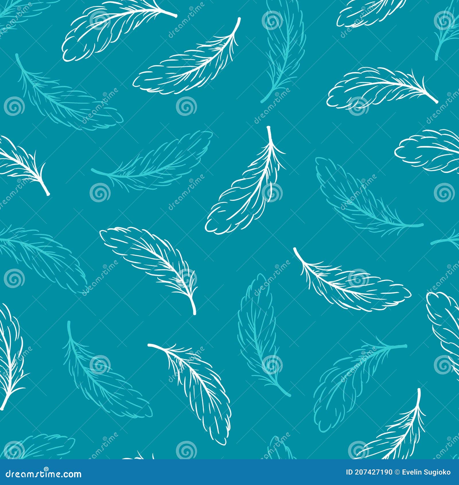 Abstract Teal Seamless Pattern with Feather Vector Illustration Outline ...