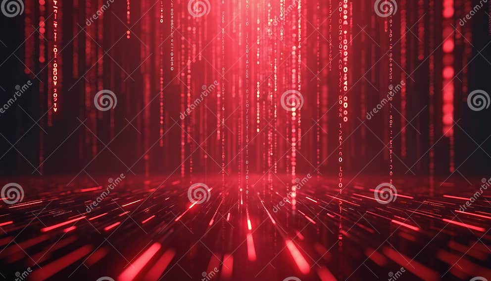 Abstract Tech Background Displays Flowing Red Binary Code. Dynamic Glowing Lines, Patterns ...