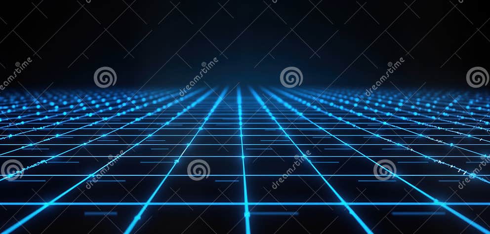 Abstract Tech Background Features Bright Neon Blue Grid Pattern on Dark ...
