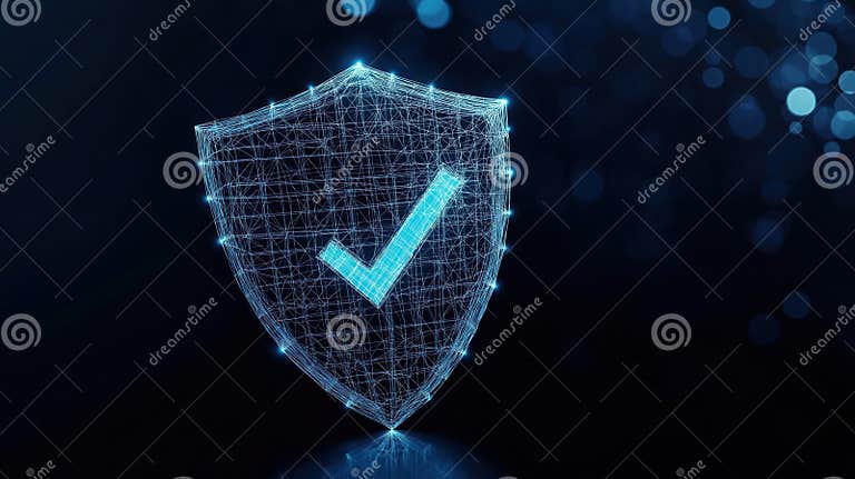 Abstract Tech Illustration of Glowing Polygonal Shield with Checkmark. Represents Data Security ...