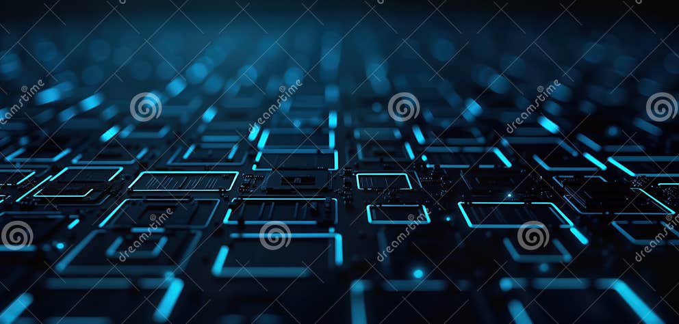 Abstract Tech Pattern with Neon Blue Light on Dark Background. Complex ...
