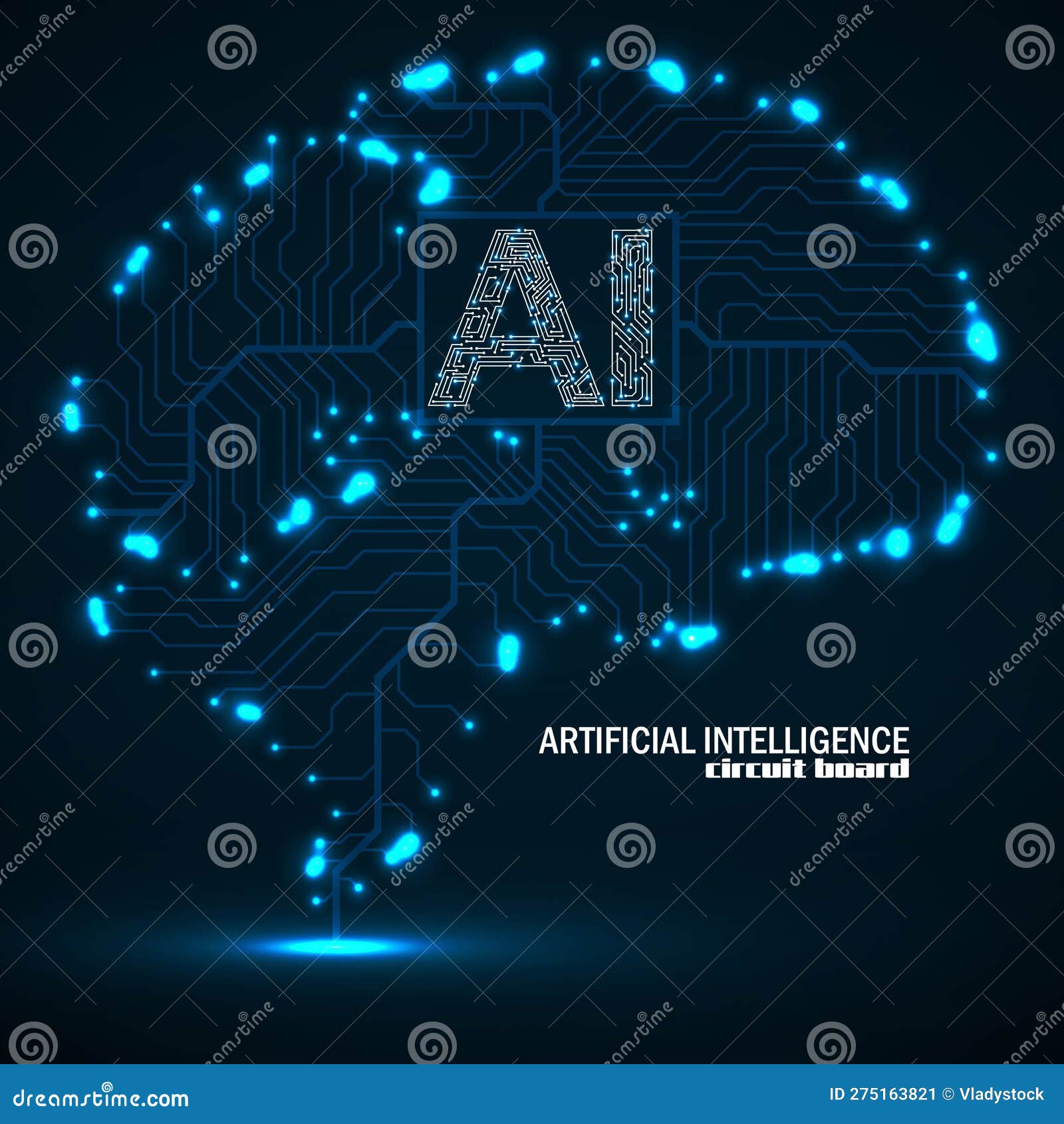 Abstract Technological Brain with Artificial Intelligence. Neon Circuit ...