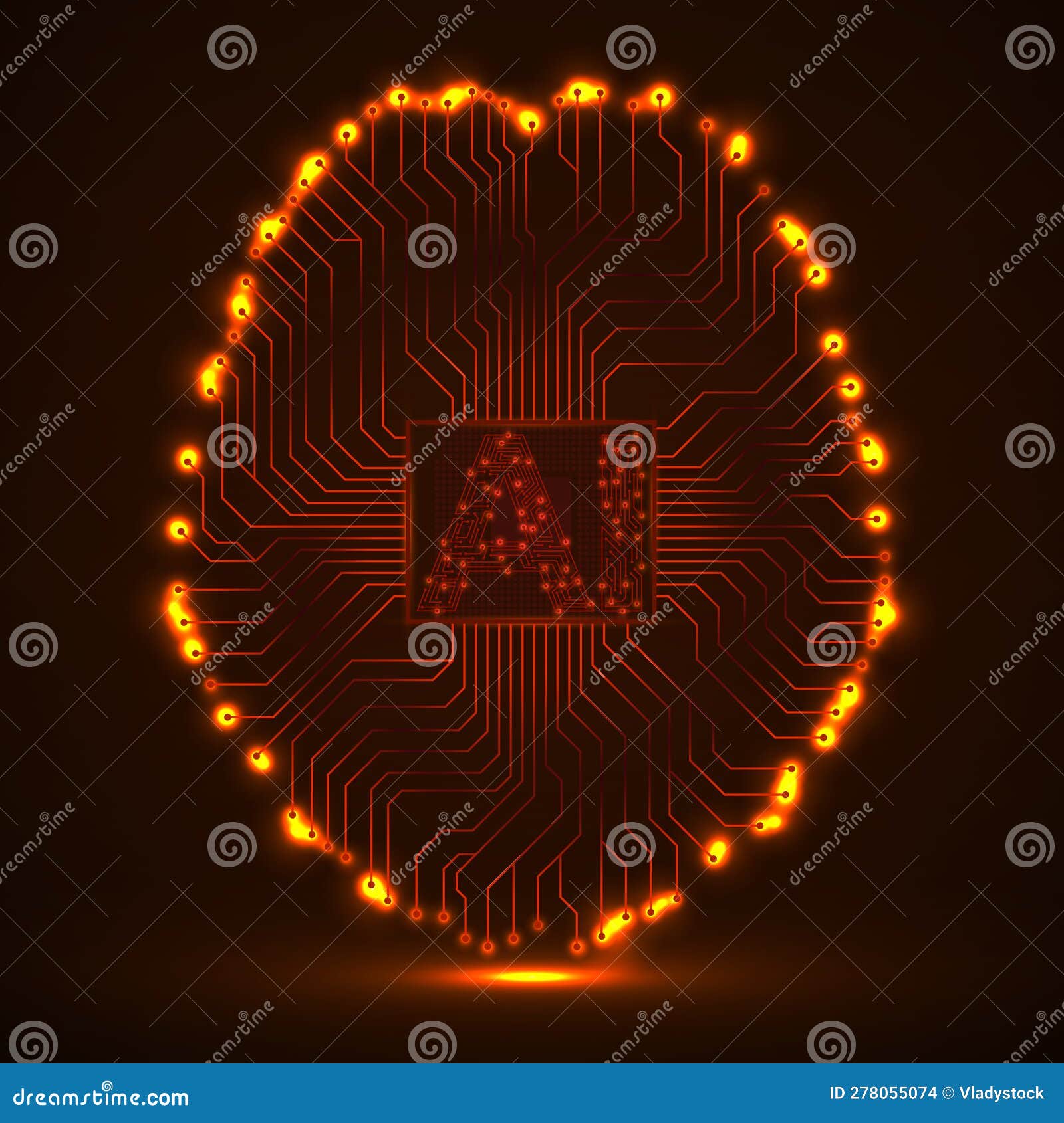 Abstract Technological Brain with Artificial Intelligence. Neon Circuit ...