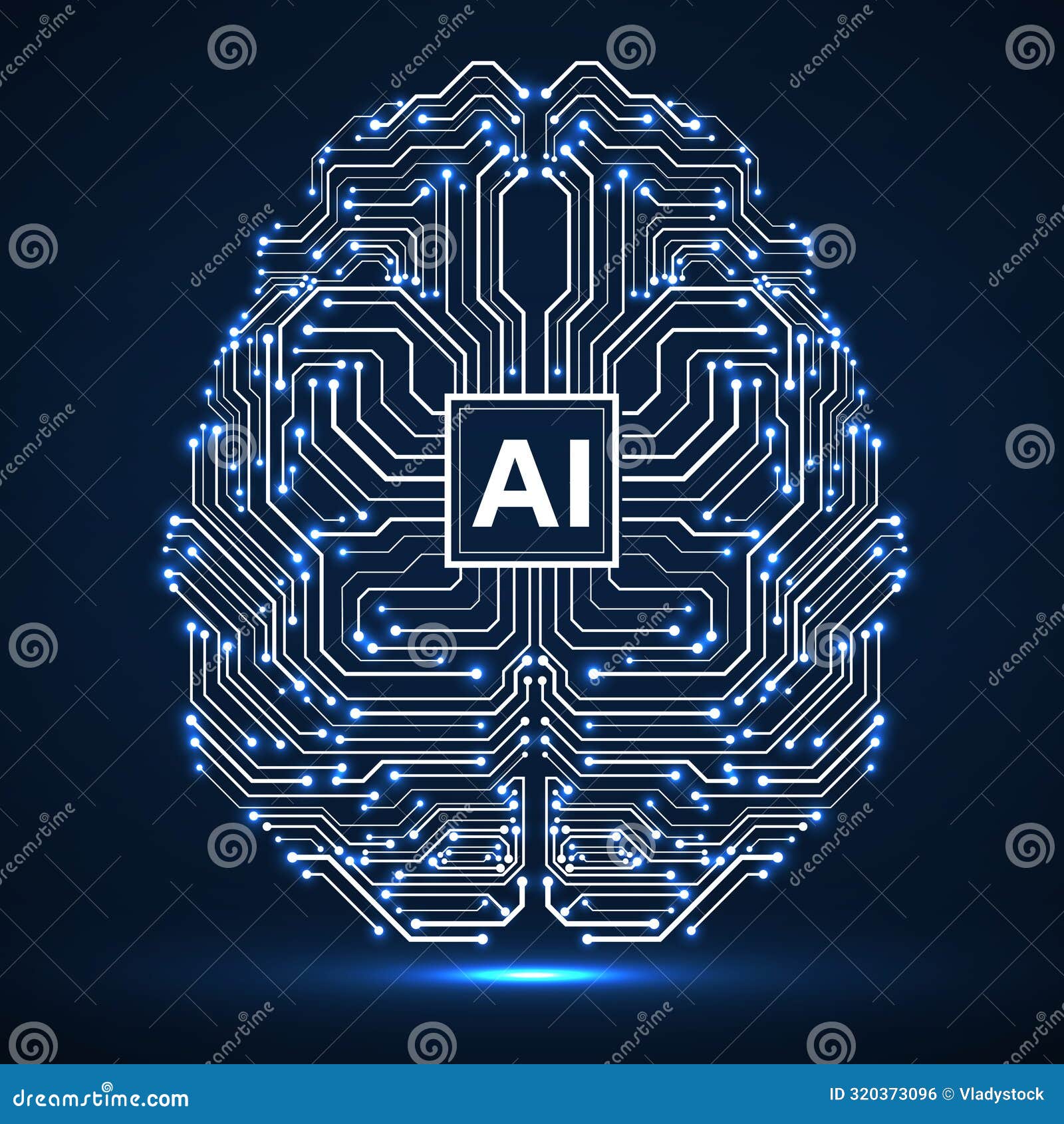 Abstract Technological Brain with Artificial Intelligence. Neon Circuit ...