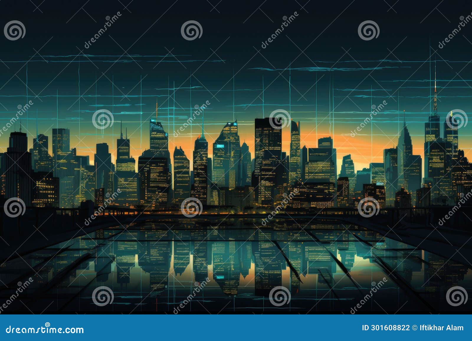 Abstract Technology Background with Binary Code and Cityscape. Network ...