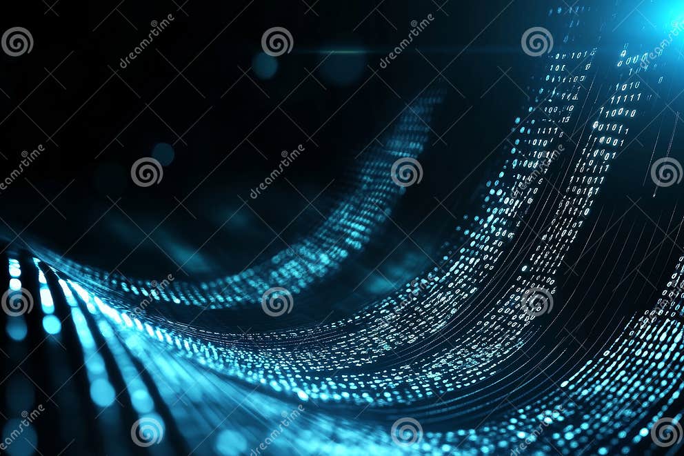 Abstract Technology Background with Binary Code Flowing in a Wavelike Pattern Symbolizing Data ...