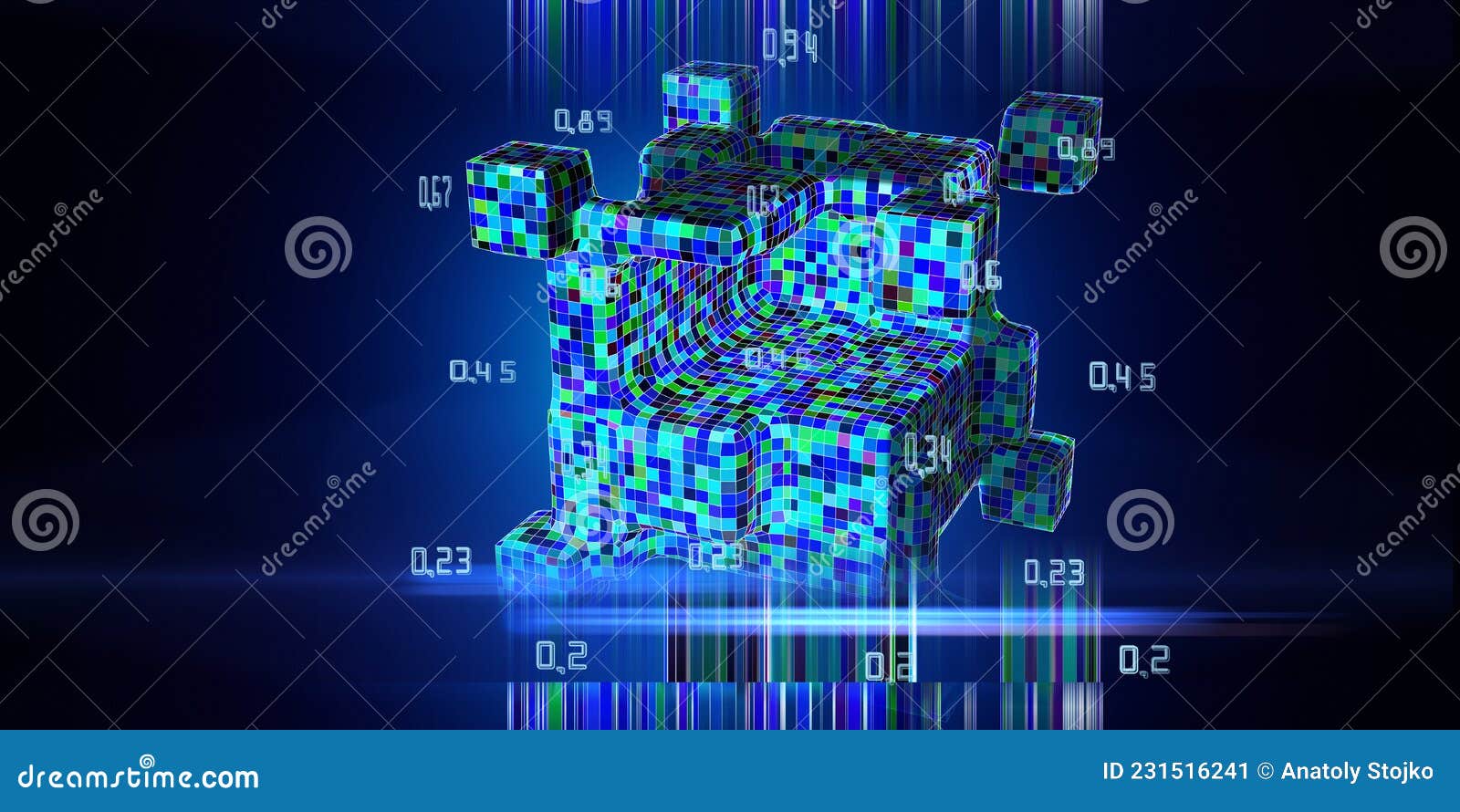 Abstract Technology Background With Color Grid Of Poly Cube On Dark. Analytics Algorithms Data ...