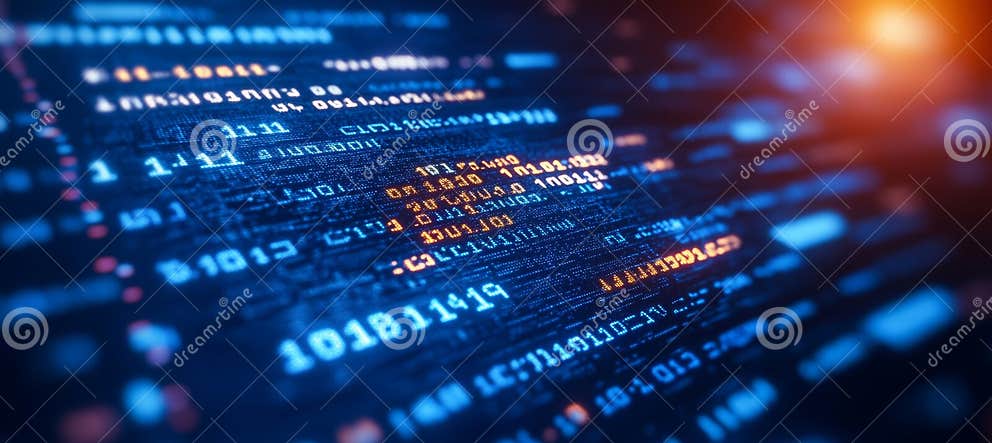 Abstract Technology Background, Glowing Computer Code in Neon Blue and ...