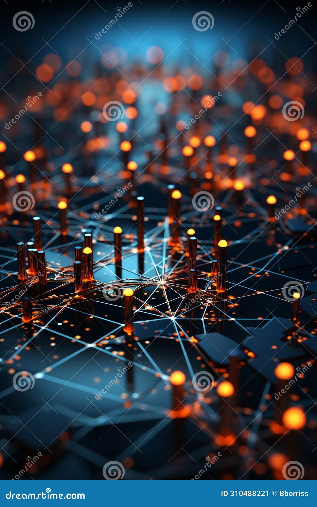 Abstract Technology Background with Illuminated Fiber Optic Connections, Quantum Computing ...