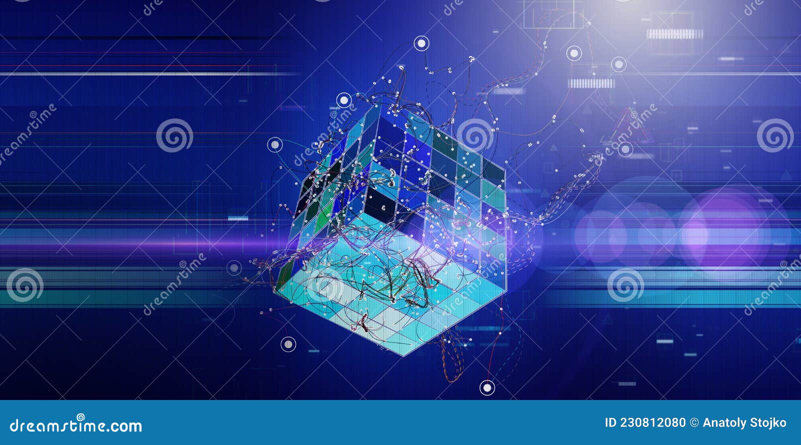 Abstract Technology Background With Lines Connecting Dots Of Poly Cube And Blurred Lines