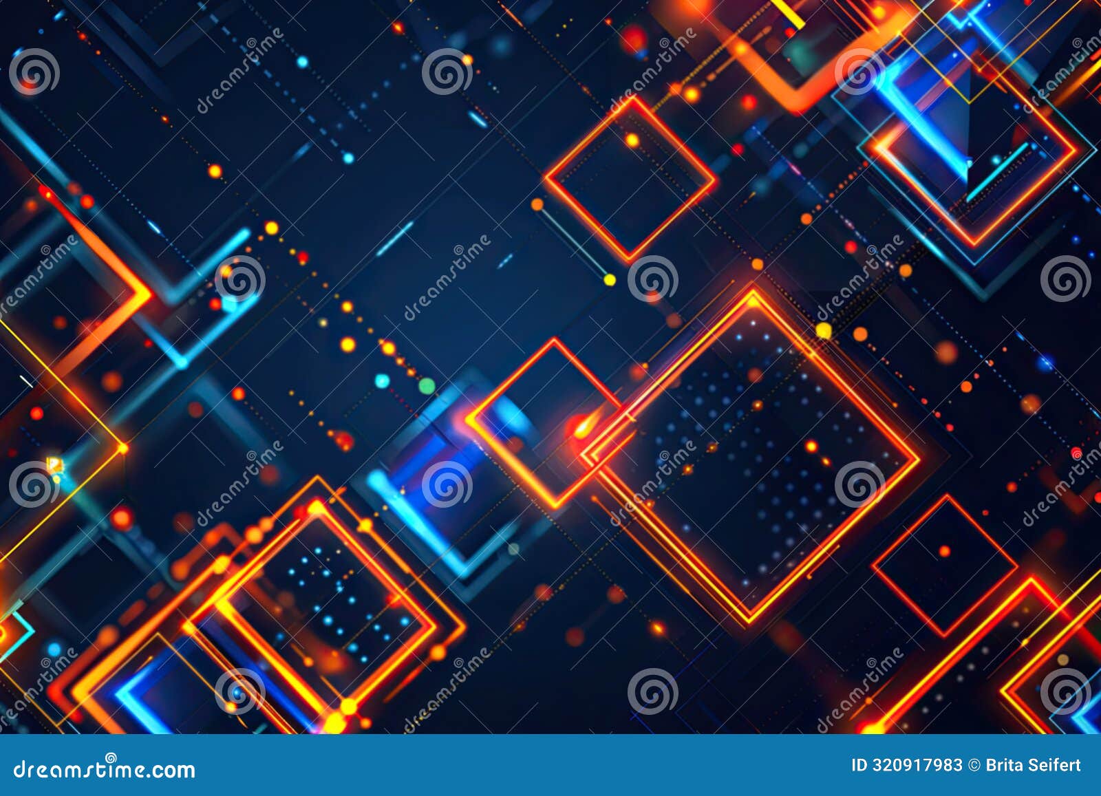 Abstract Technology Background with Neon Blue and Orange Square Shapes ...