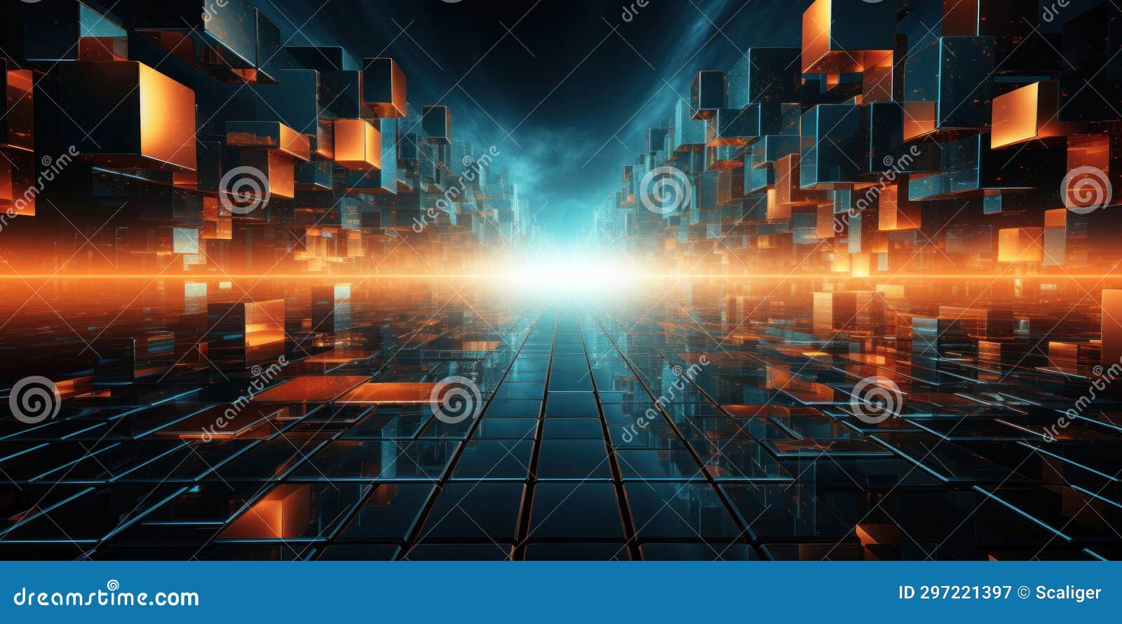 Abstract Technology Background, Panorama of Dark Futuristic Digital ...