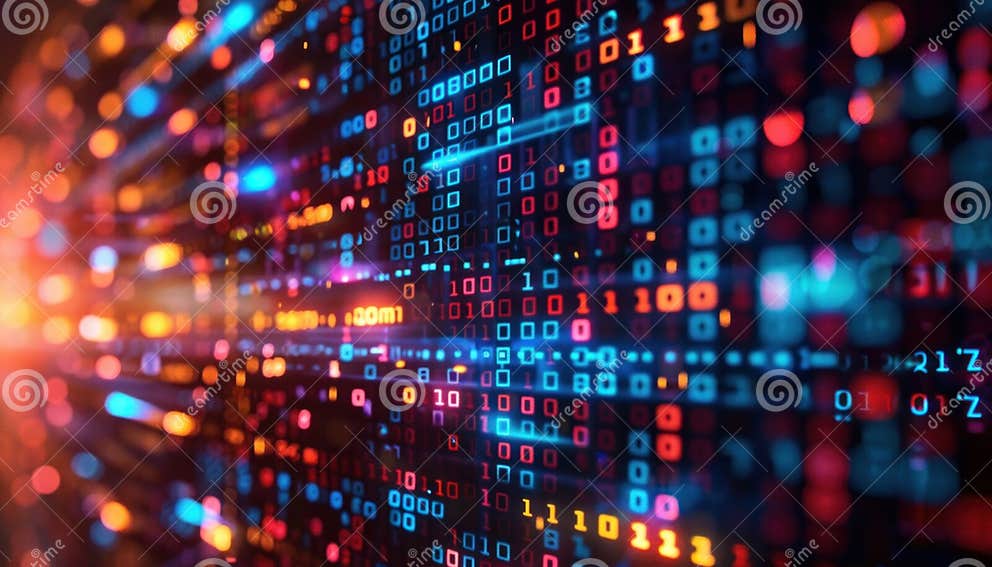 Abstract Technology Background Showing Glowing Binary Code Flowing On Computer Screen Stock