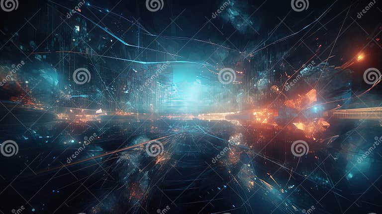 Abstract Technology Burst with Glowing Wires and Particles in Motion ...