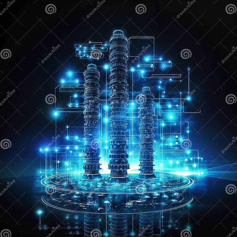 Abstract Technology Concept, Circuit Board and High Tech Tower on Dark ...