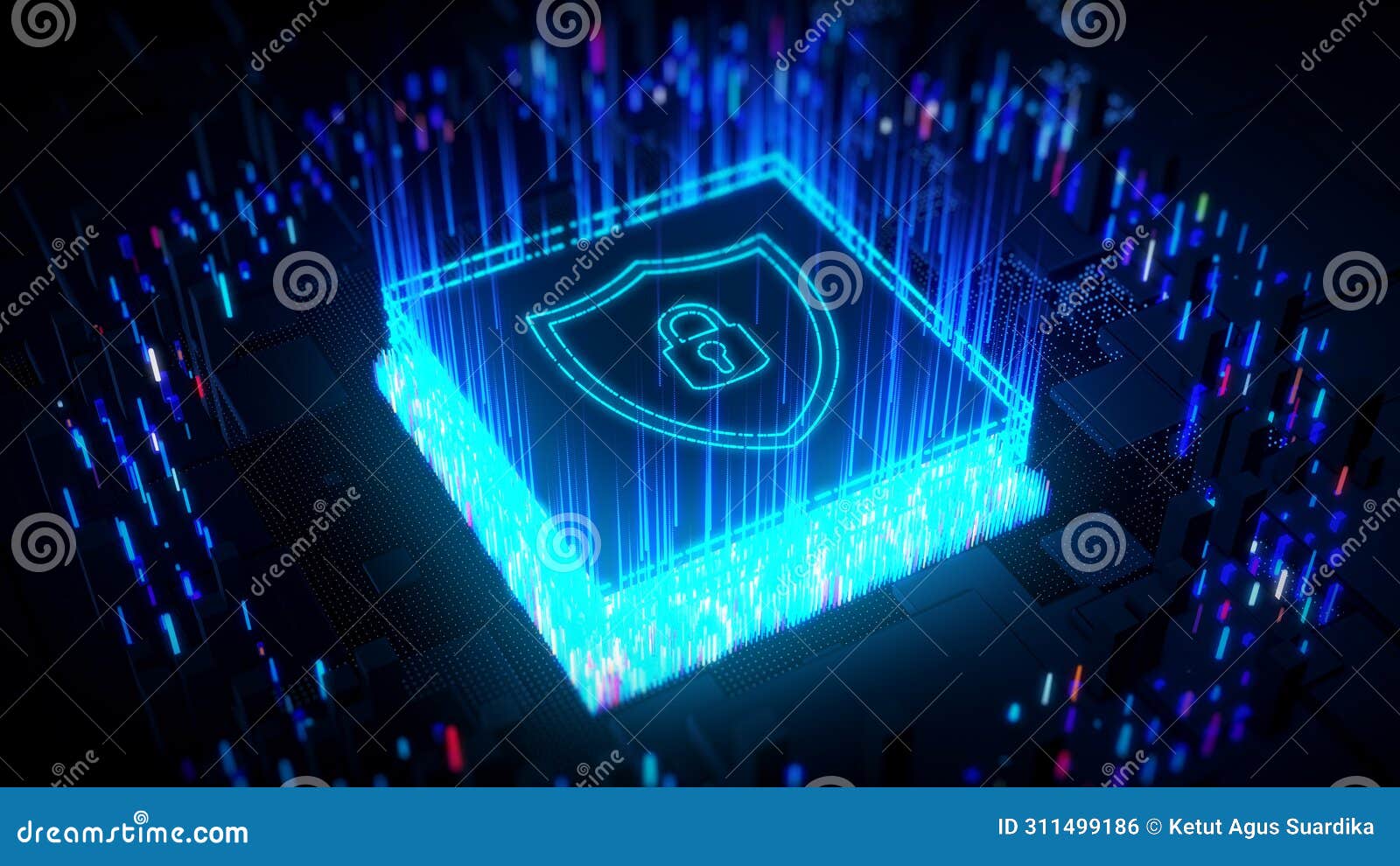 Abstract Technology Blue Shiny Shield Lock Symbol on CPU Chip Circuit ...