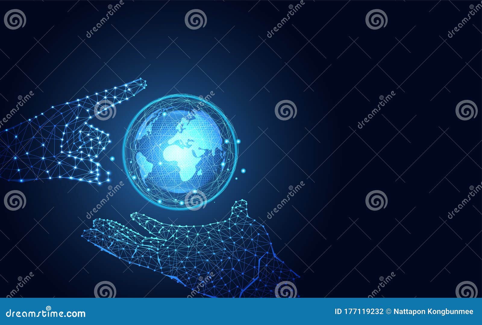 Abstract Technology Futuristic Concept World and Hand Wireframe Blue ...