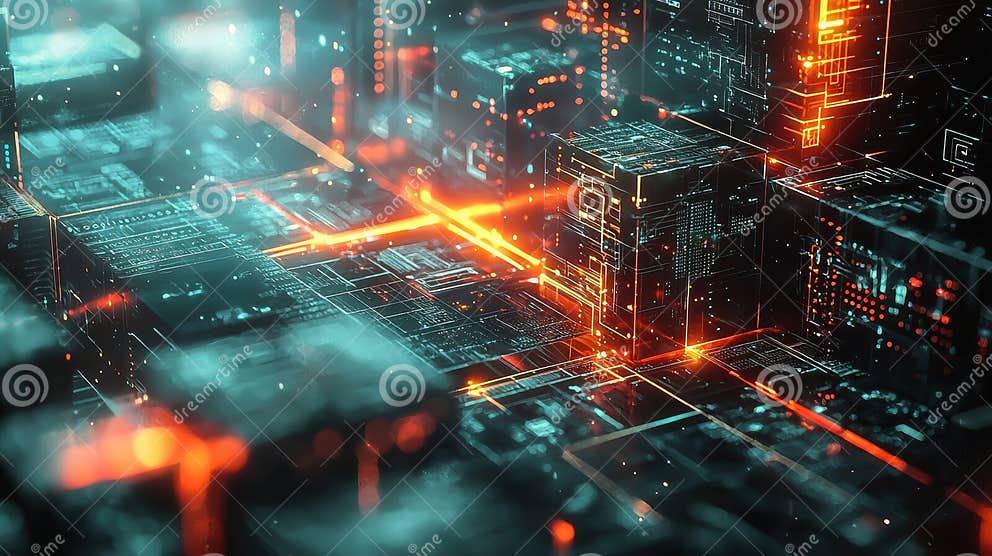 Abstract Technology Interface in Blocky 3D Art Stock Illustration ...