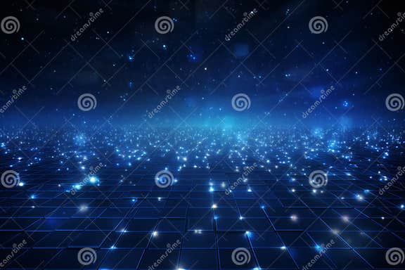 Abstract Technology Network of Blue Grid and Particles on Dark Background Stock Illustration ...