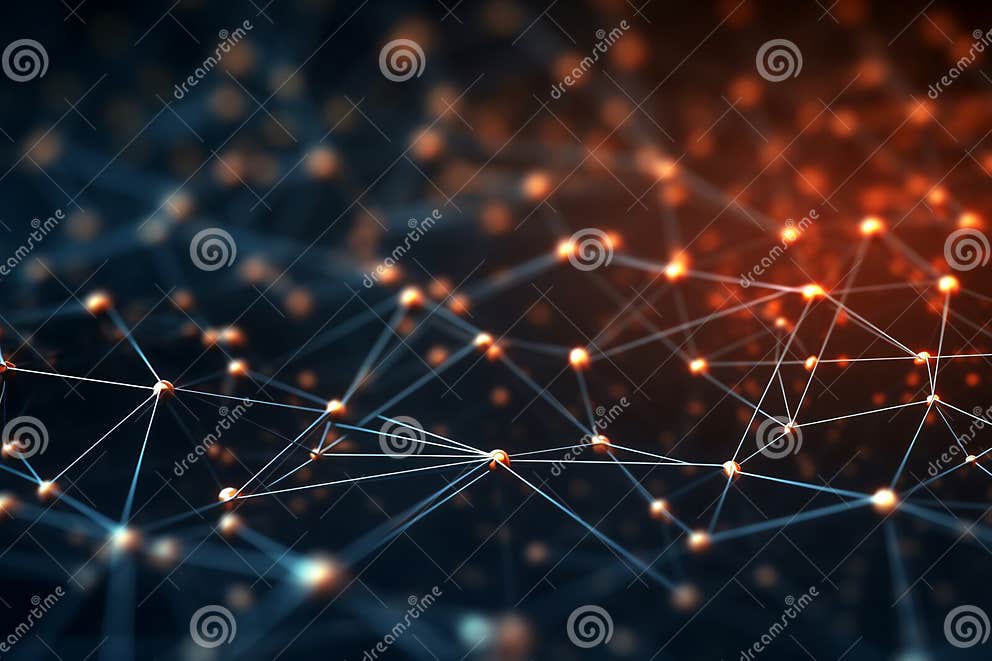Abstract Technology Network of Blue Grid and Particles on Dark Background Stock Illustration ...