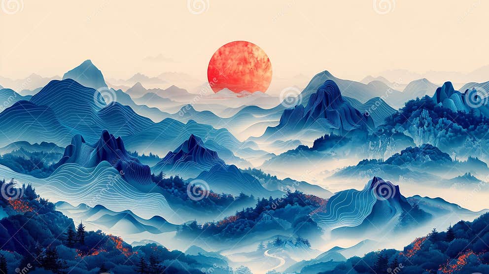 An Abstract Template of a Mountain Forest with a Wave Pattern. Natural ...