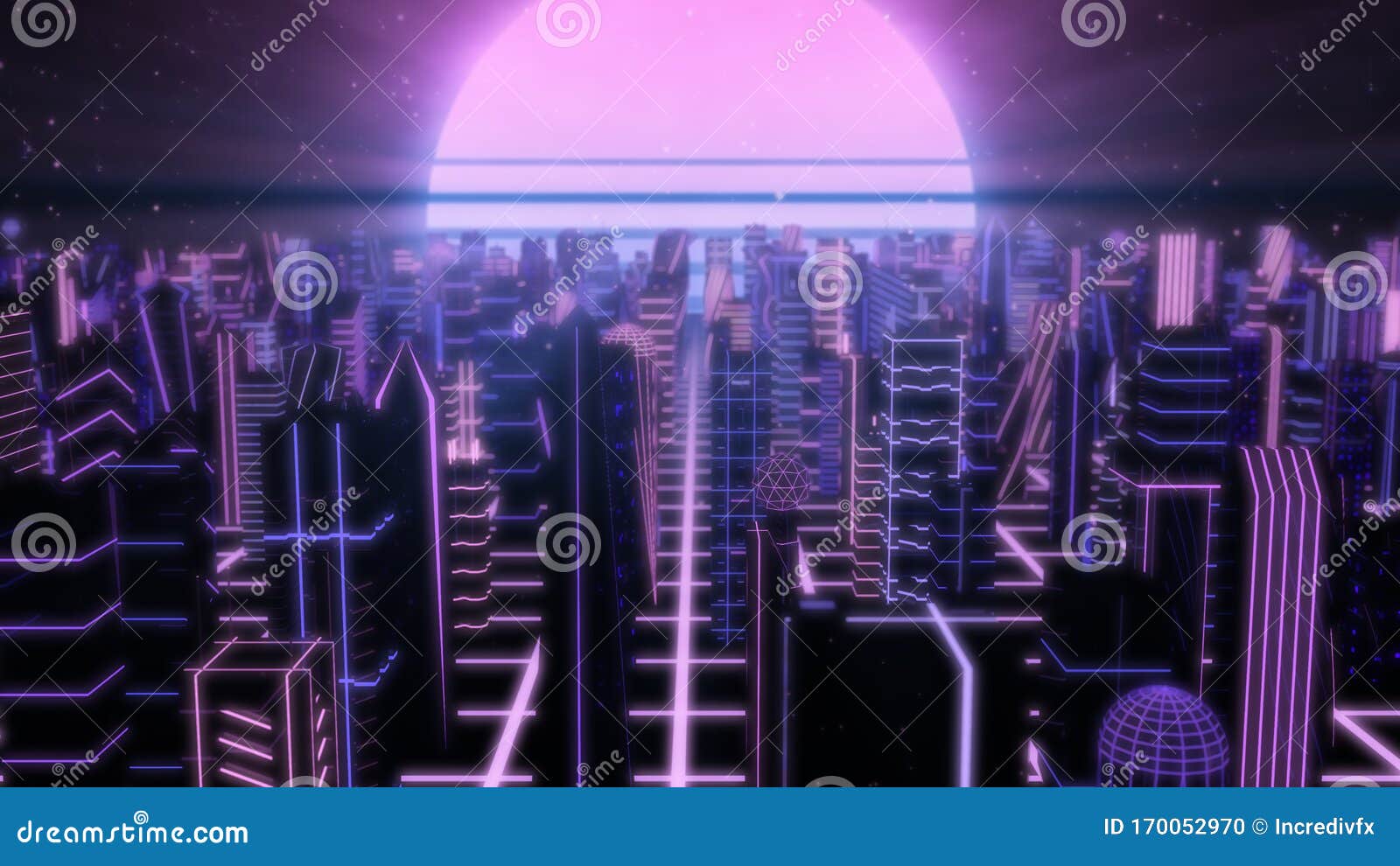 Fly Over Neon City Outrun Synthwave Buildings with 80s Retro Sun ...
