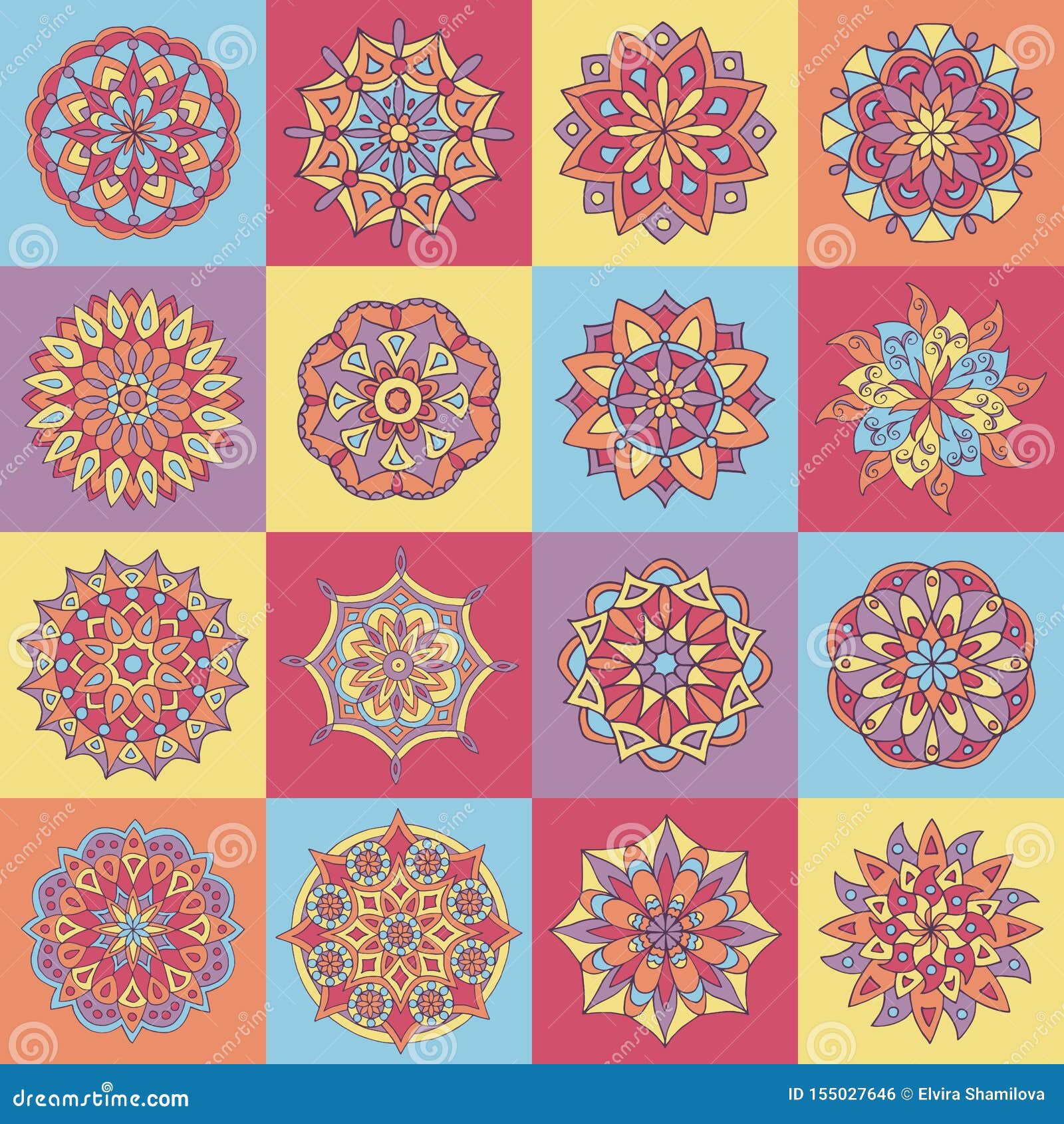 Abstract Tile Pattern with Hand-drawn Mandalas Stock Illustration ...