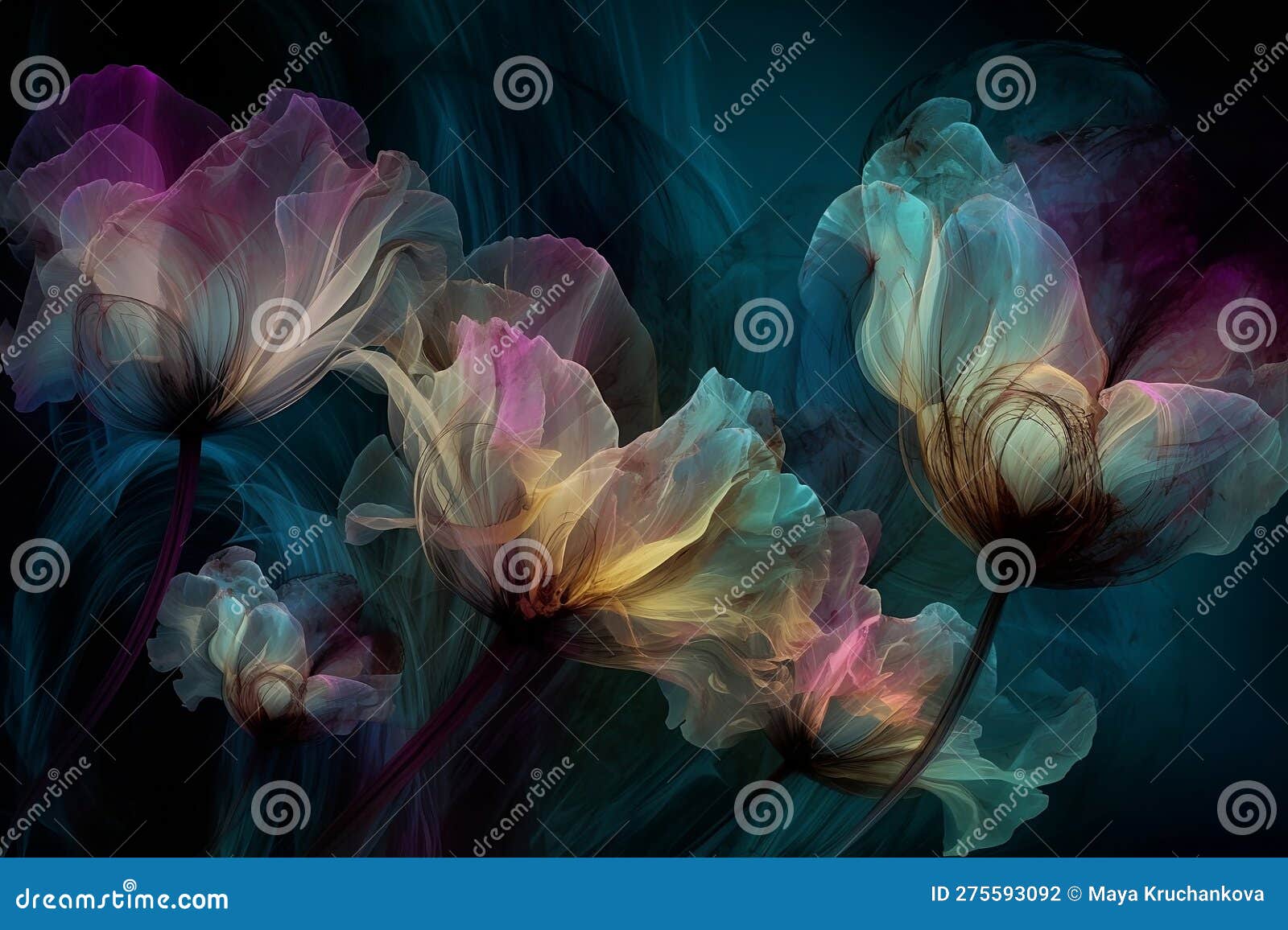 Abstract Translucent Multicolored Flowers on Dark Background Stock ...