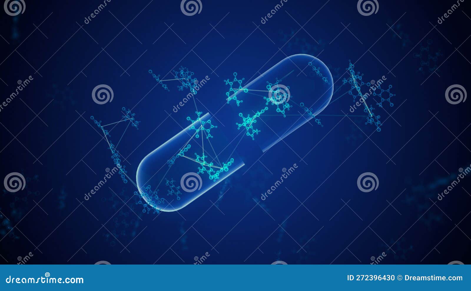 Abstract Transparent Polygonal Capsule Pills on Blue Background. Plexus ...